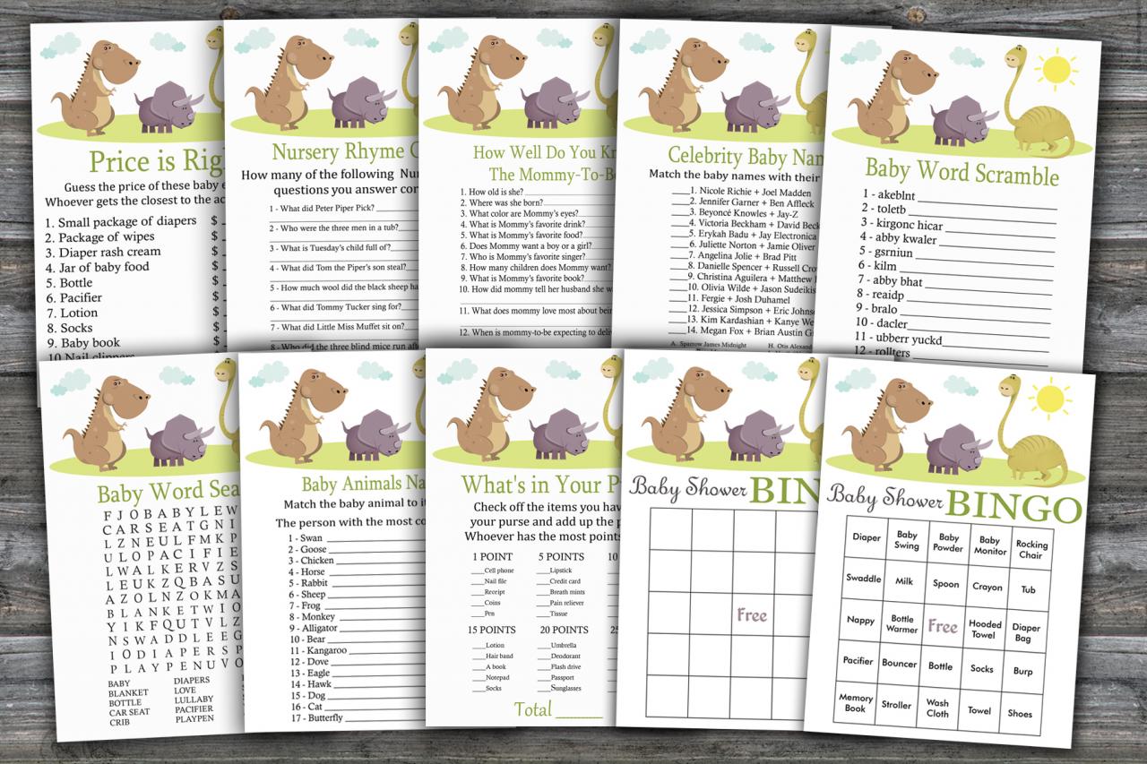 Dinosaur Baby Shower Games Package,dino Baby Shower Game Package,9 ...
