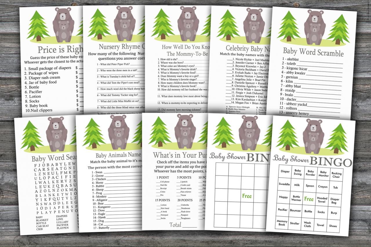 Bear Baby Shower Games Package,woodland Animals Baby Shower Game ...