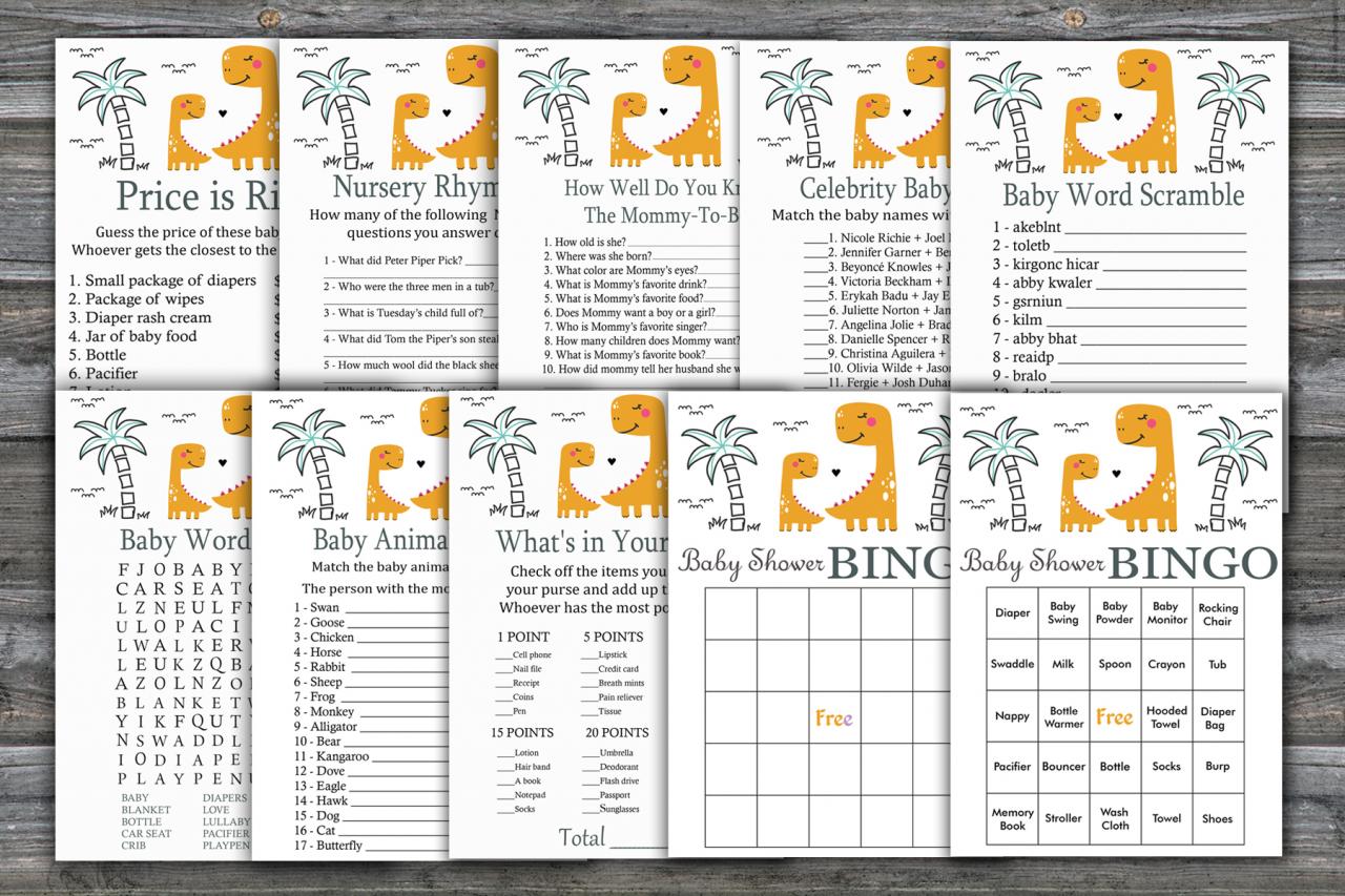 Dinosaur Baby Shower Games Package,t-rex Baby Shower Game Package,dino ...