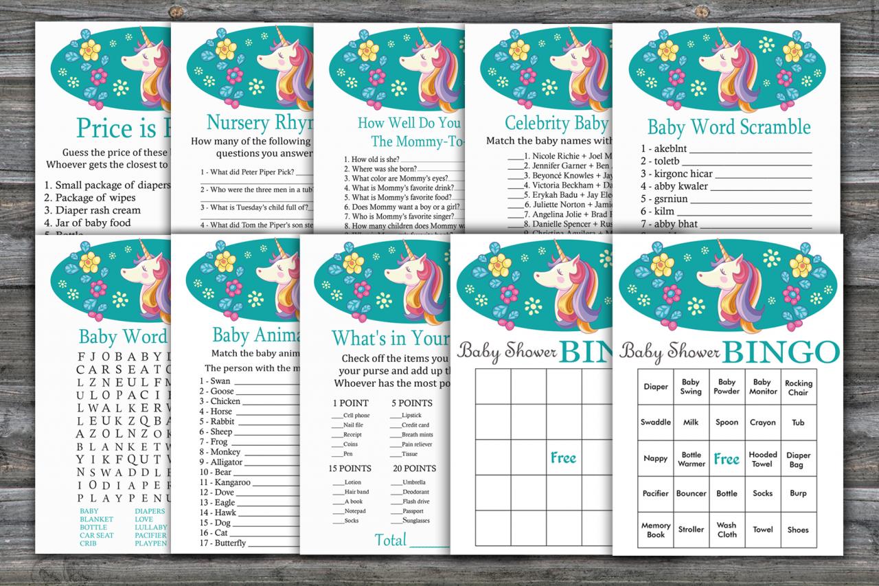 Unicorn Baby Shower Games Package,rainbow Baby Shower Game Package,9 ...