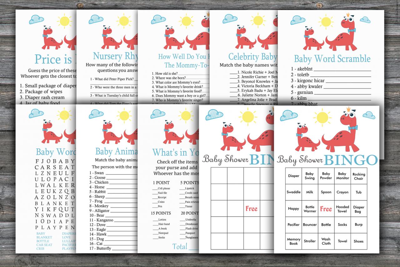Cute Dinosaur Baby Shower Games Package,dino Baby Shower Game Package,9 ...