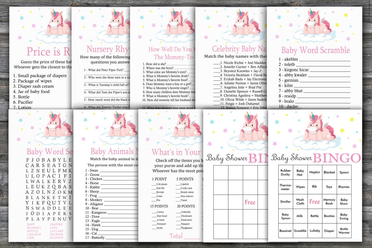 Unicorn Baby Shower Games Package,unicorn Rainbow Baby Shower Game ...