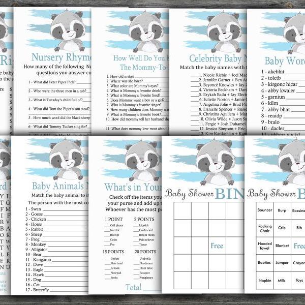 Raccoon Baby Shower Games Package,woodland Baby Shower Game Package ...