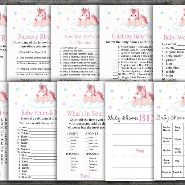 Unicorn Baby Shower Games Package,unicorn Rainbow Baby Shower Game ...