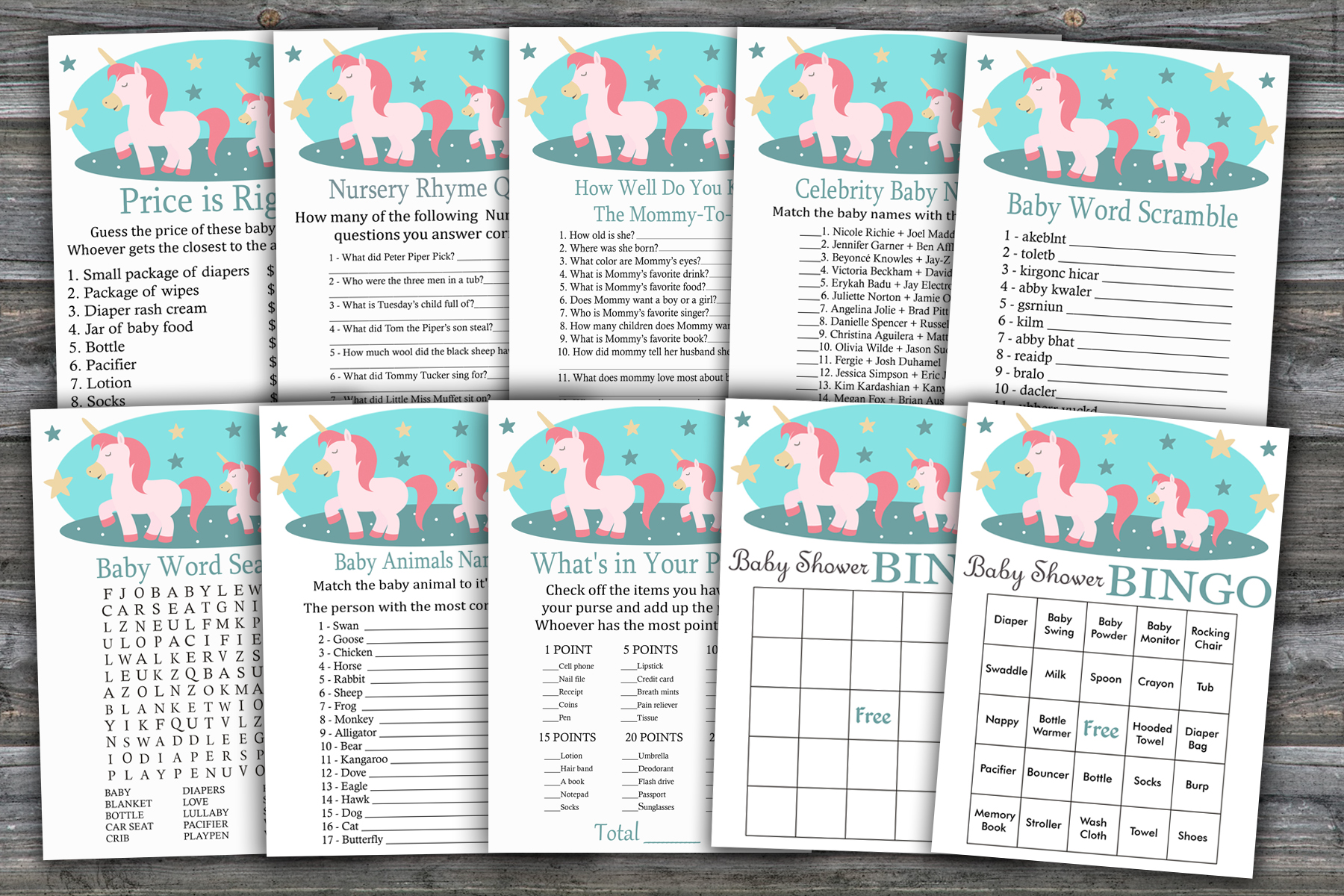 Unicorn Baby Shower Games Package,rainbow Baby Shower Game Package,9 ...