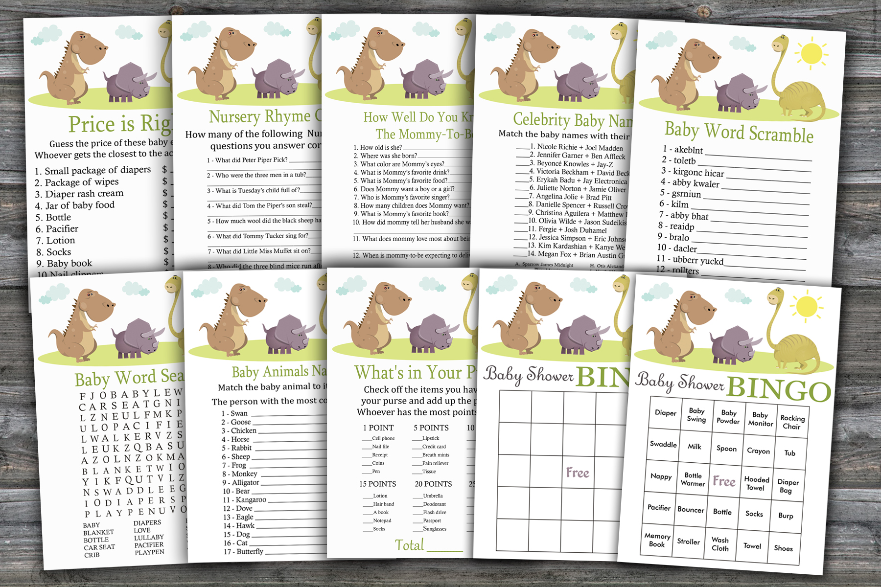 Dinosaur Baby Shower Games Package,dino Baby Shower Game Package,9 ...