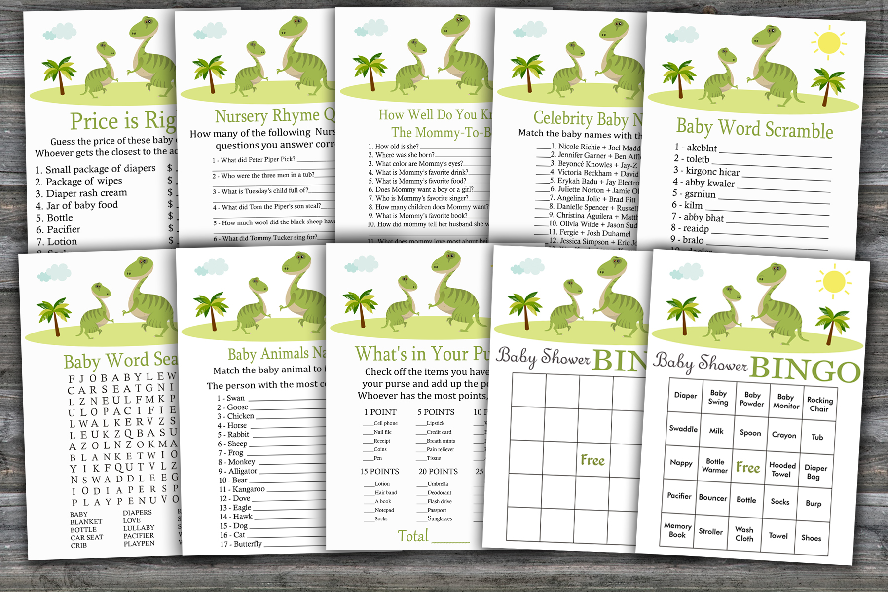 Cute Dinosaur Baby Shower Games Package,dino Baby Shower Game Package,9 ...