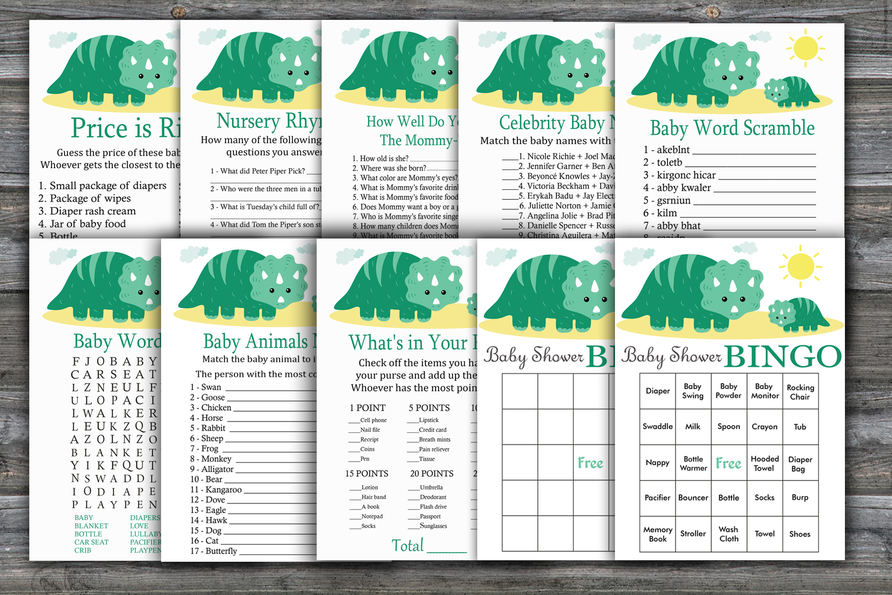 Dinosaur Baby Shower Games Package,green Dinosaur Baby Shower Game ...