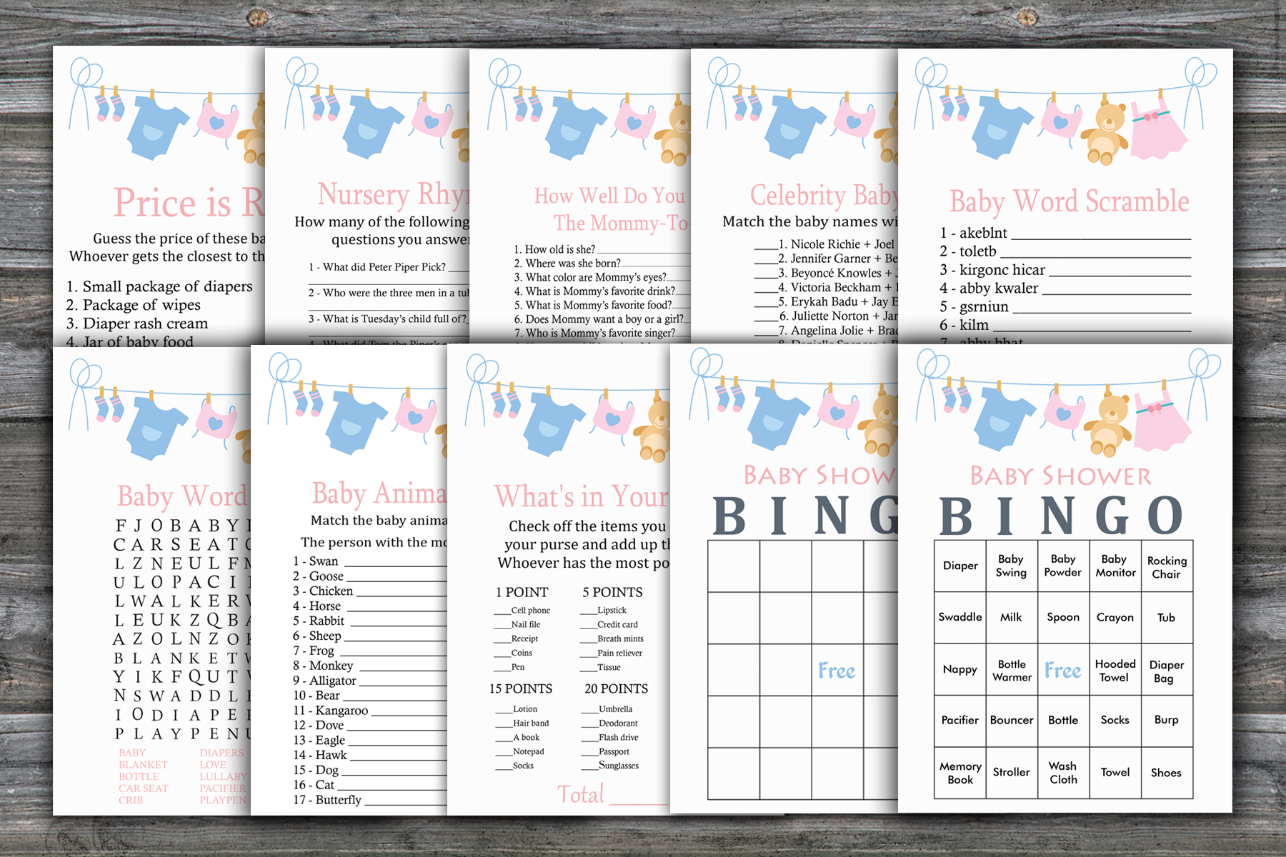 Clothesline Baby Shower Games Package,clothesline Baby Shower Game Pack ...