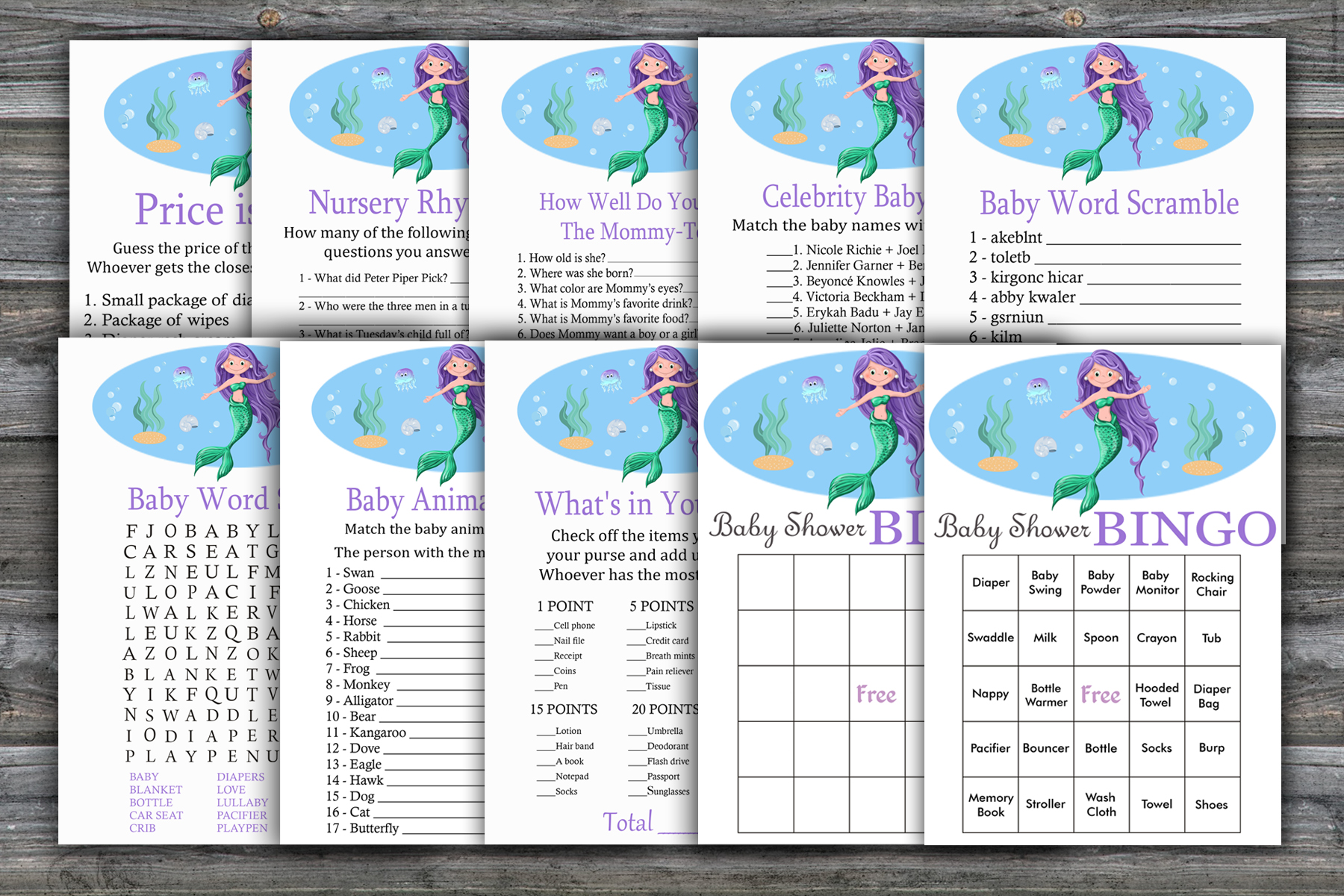 Mermaid Baby Shower Games Package,under The Sea Baby Shower Game ...
