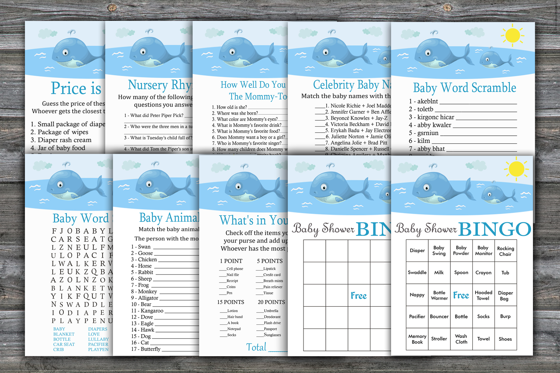 Whale Baby Shower Games Package,under The Sea Baby Shower Game Package ...