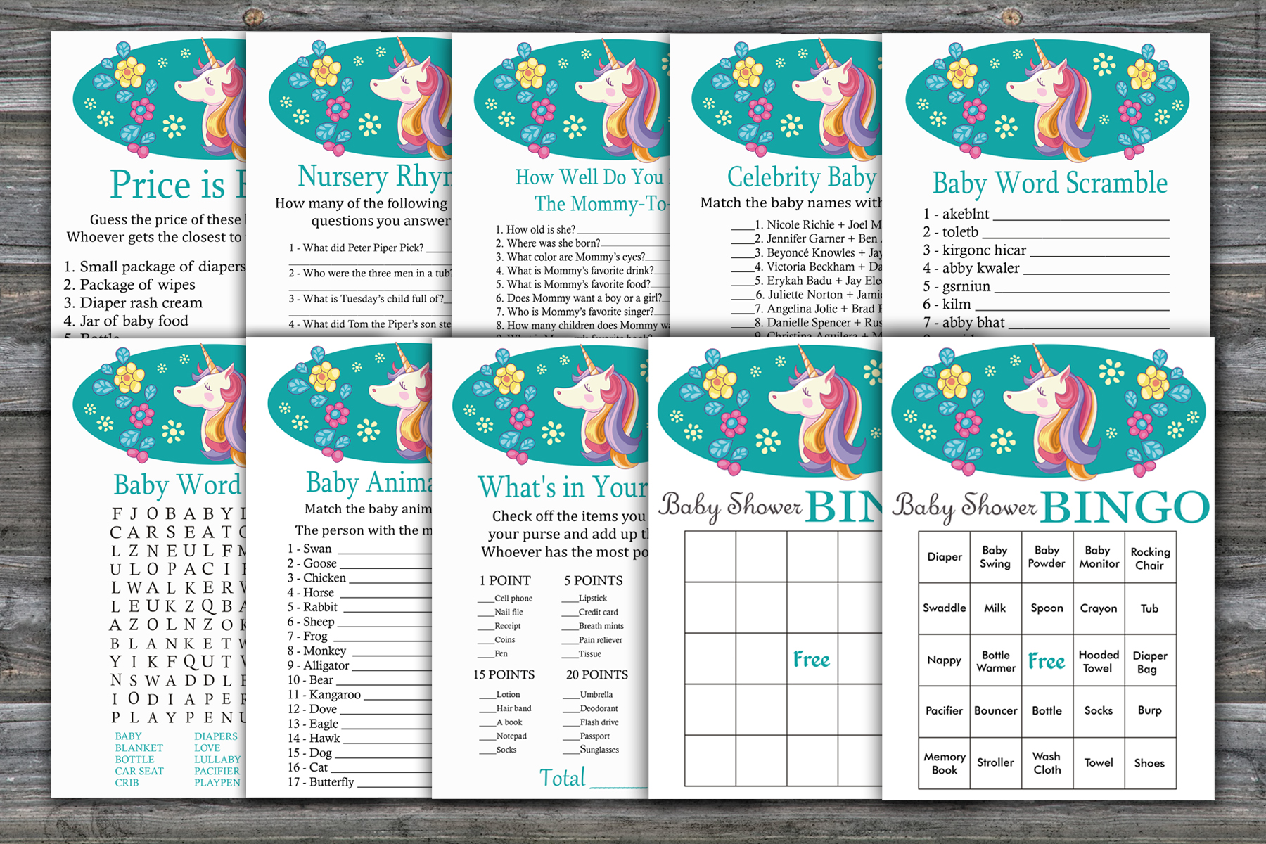 Unicorn Baby Shower Games Package,rainbow Baby Shower Game Package,9 ...