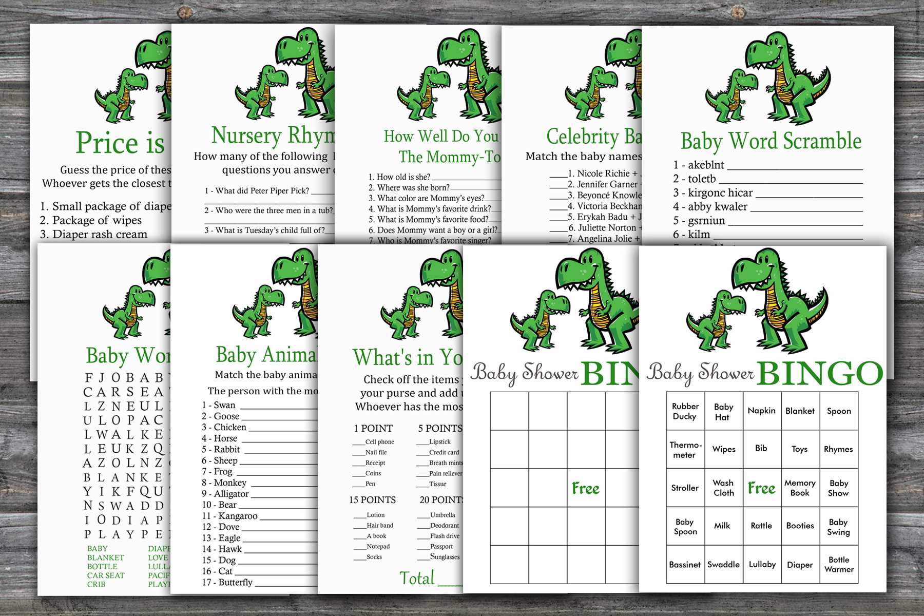 T-rex Baby Shower Games Package,dinosaur Baby Shower Game Package,9 ...